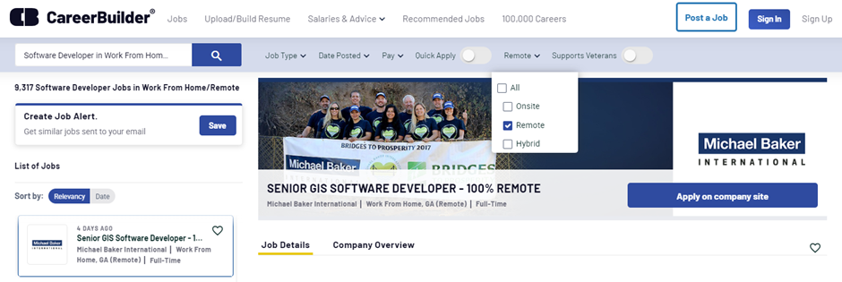 Searching for Remote / Hybrid / On site Jobs on CareerBuilder
