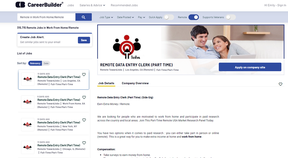 Searching for Remote / Hybrid / On site Jobs on CareerBuilder
